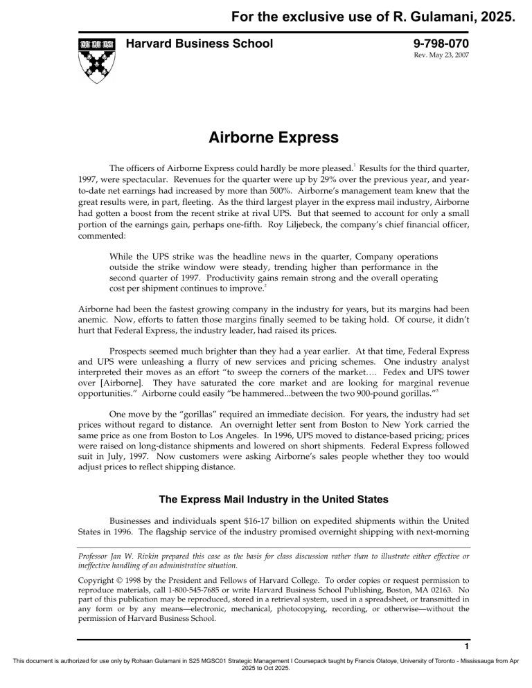 Airborne Express Case Study: Pricing & Competition