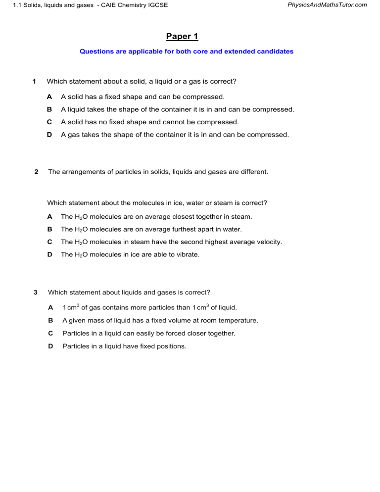 Solids, Liquids, Gases: CAIE Chemistry IGCSE Exam Questions