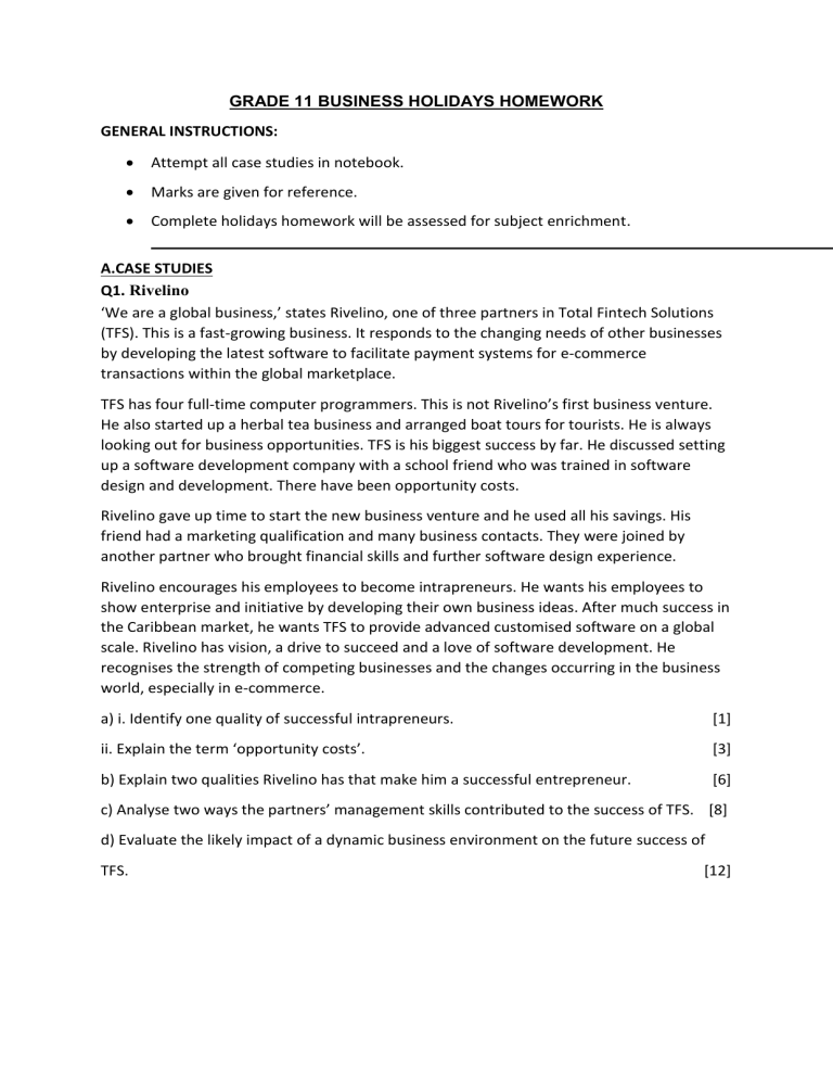 Grade 11 Business Homework: Case Studies