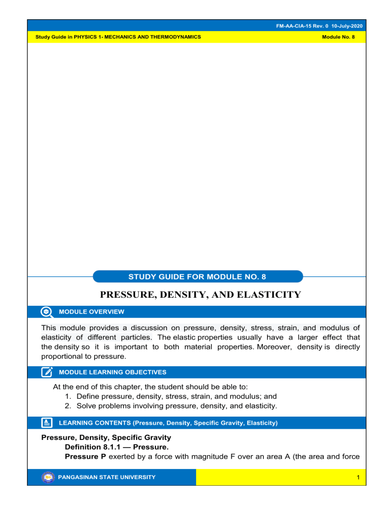 Physics: Pressure, Density, & Elasticity Study Guide