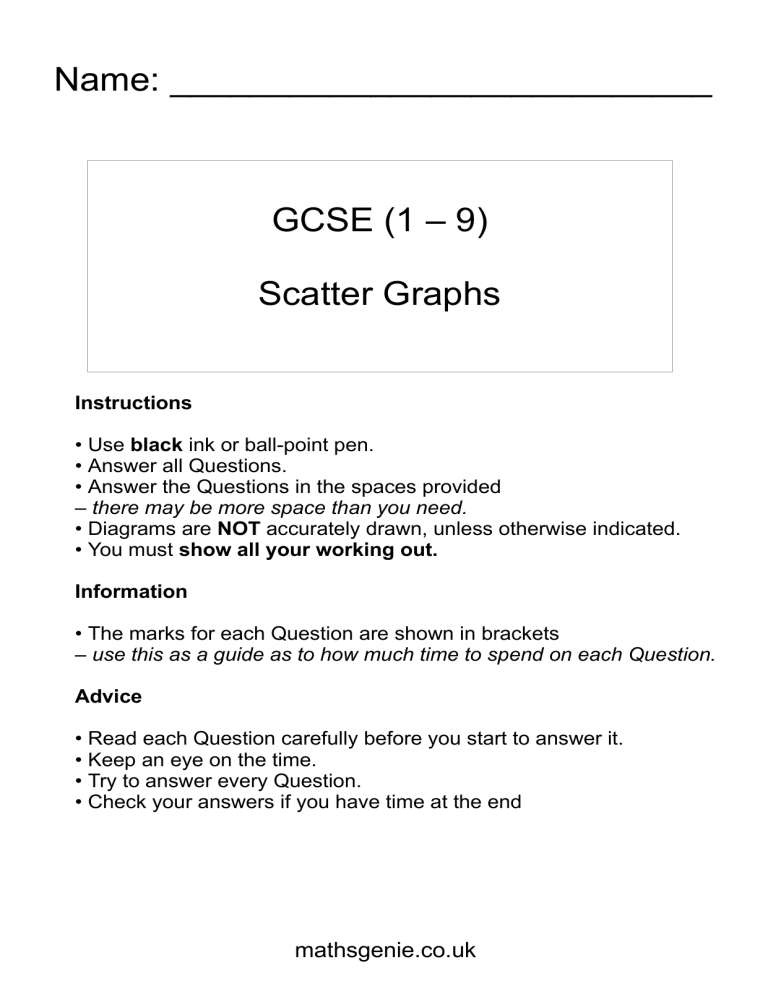 GCSE Maths: Scatter Graphs Worksheet (1-9)