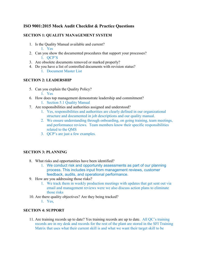 ISO 9001:2015 Mock Audit Checklist & Questions