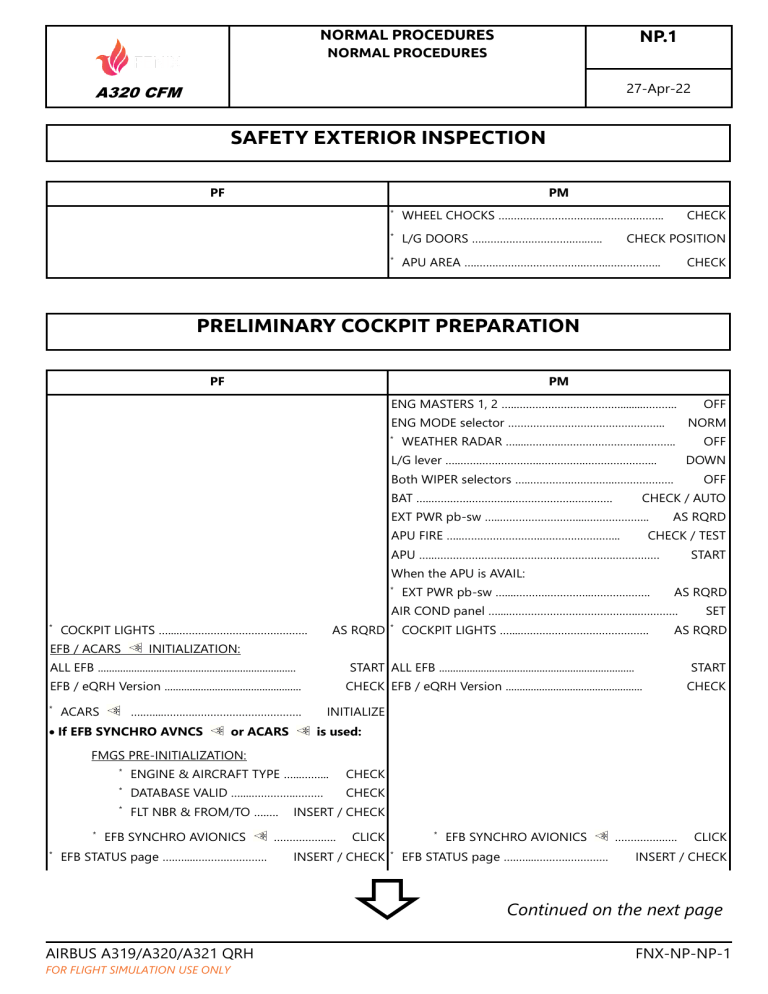 A320 CFM Normal Procedures Checklist