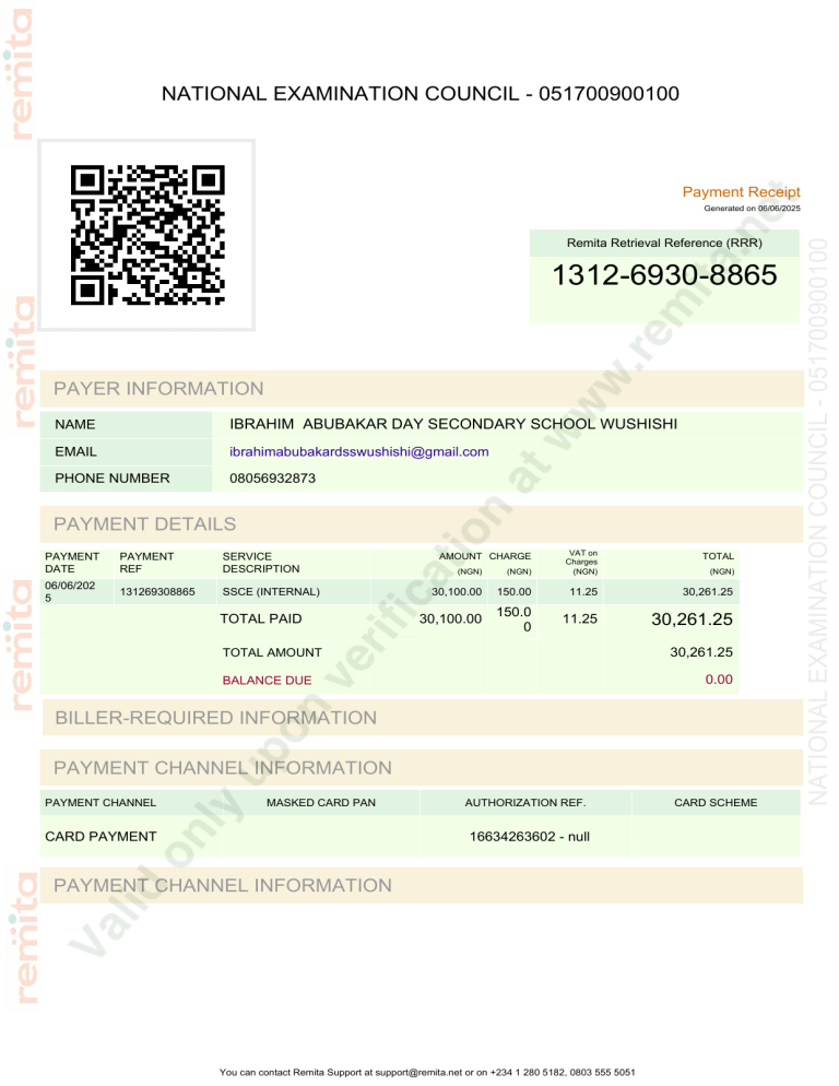 NECO SSCE maksekviitung - Ibrahim Abubakar School