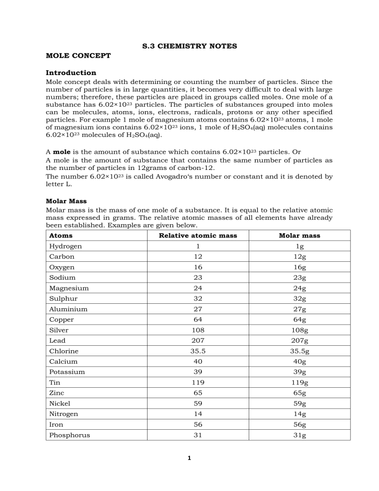 Mole Concept Chemistry Notes: S.3 Level