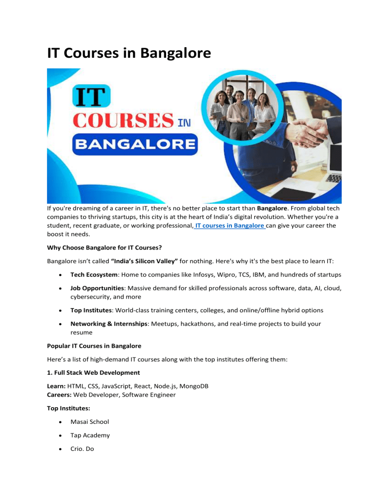 IT Courses in Bangalore: Top Institutes & Career Paths