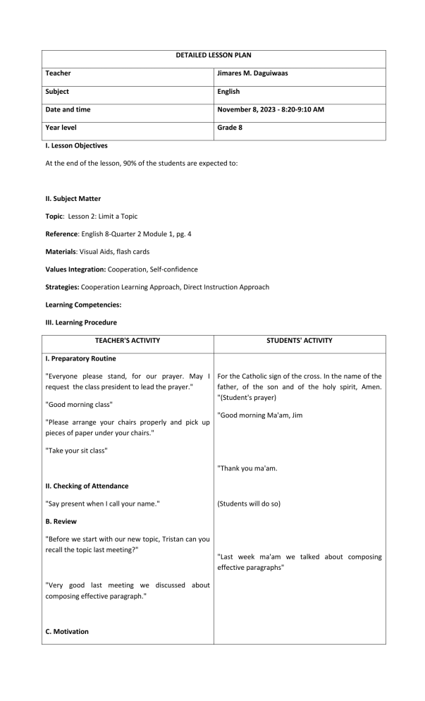 Grade 8 English Lesson Plan: Limiting a Topic