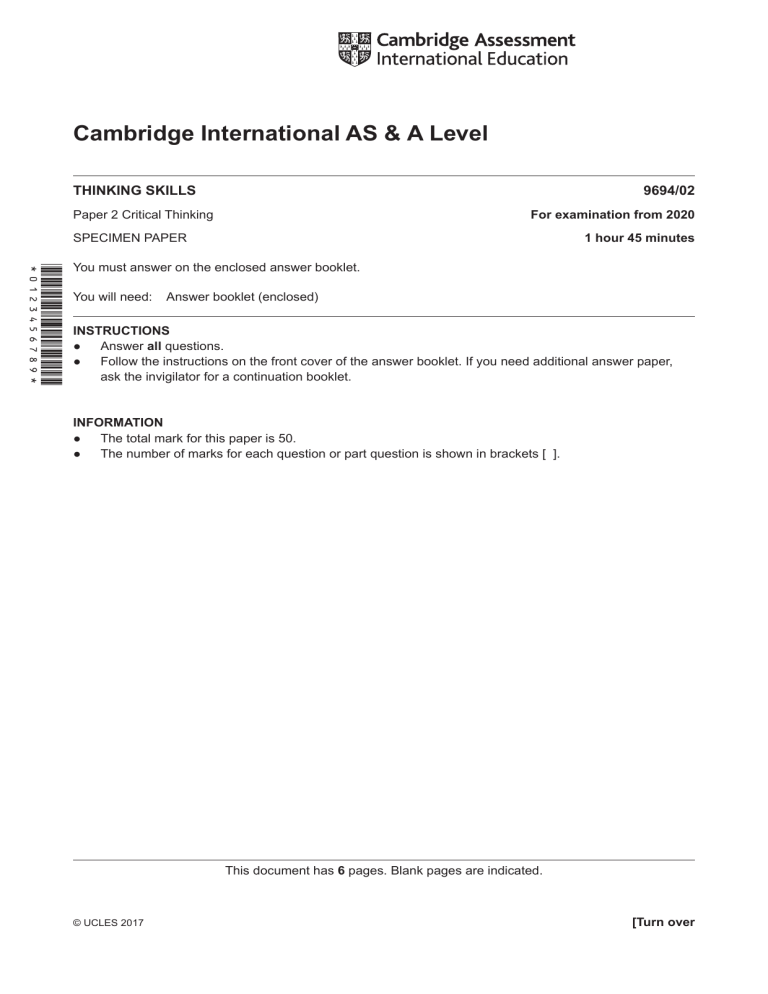 Thinking Skills Exam Paper - Cambridge A Level
