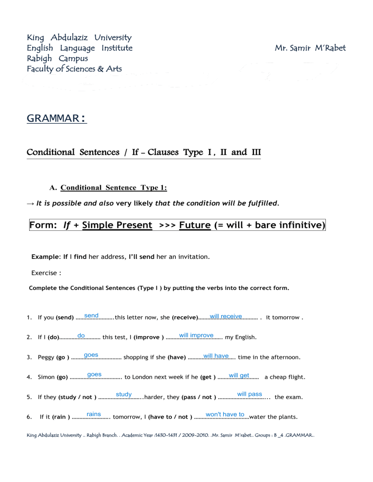 Conditional Sentences Worksheet: If-Clauses Type I, II, III