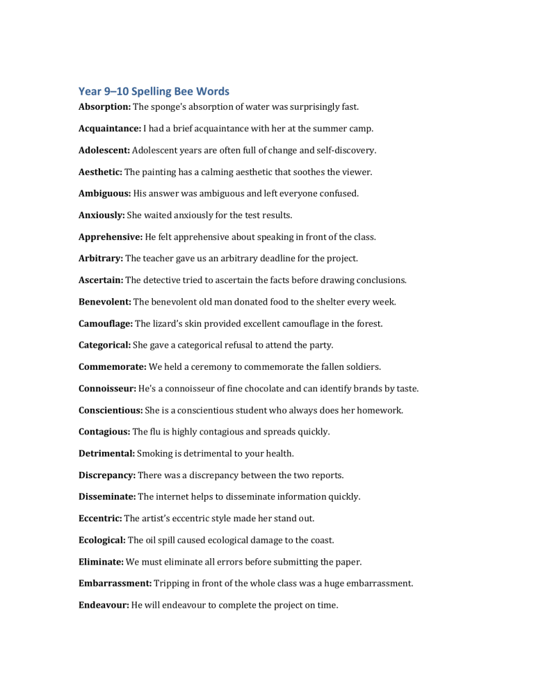 Spelling Bee Word List for High School (Years 9-13)
