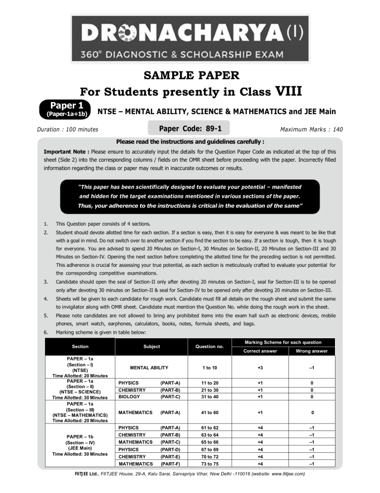 NTSE & JEE Main Sample Paper for Class VIII
