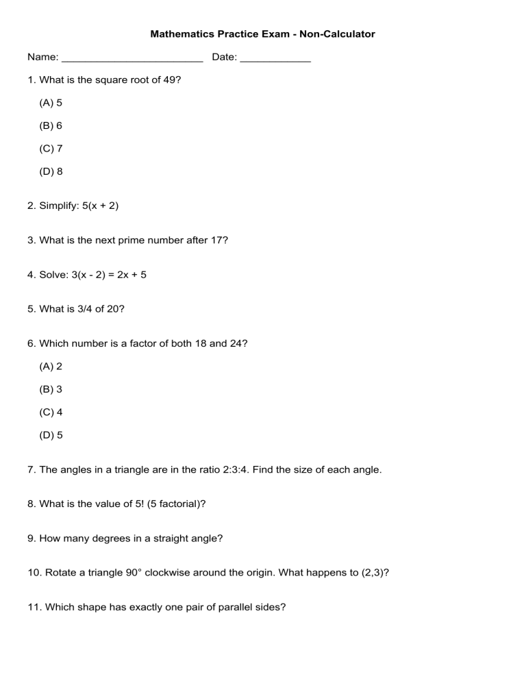 Mathematics Practice Exam - Non-Calculator