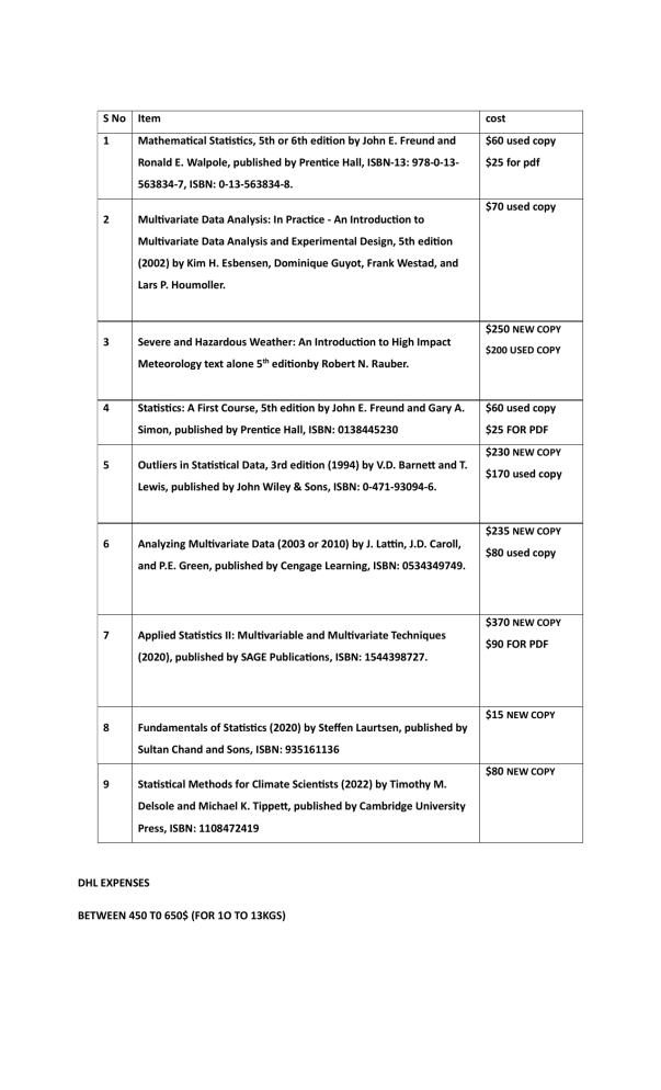 Statistics & Data Analysis Textbook Price List