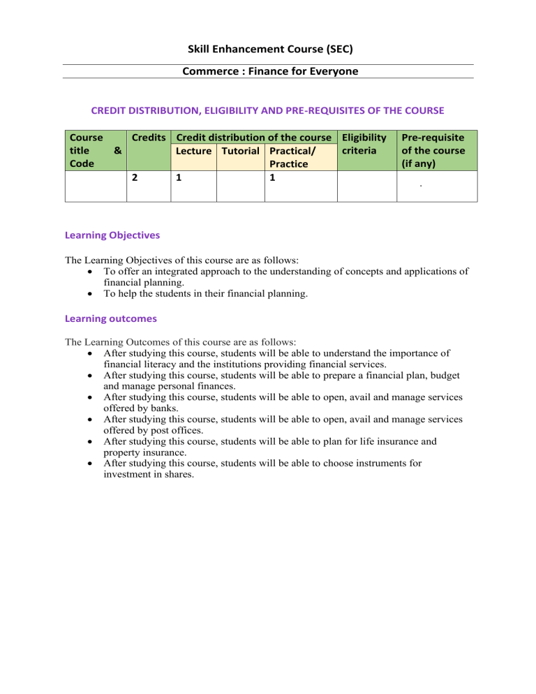 Finance for Everyone: Course Syllabus