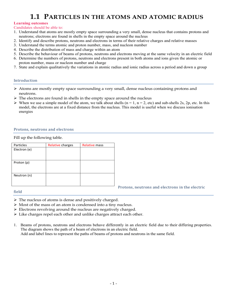 Atomic Structure & Radius Worksheet: Protons, Neutrons, Electrons
