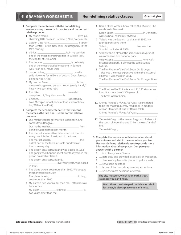 Non-Defining Relative Clauses Grammar Worksheet