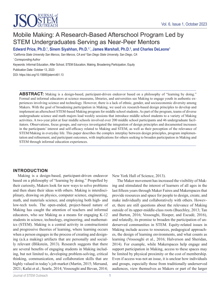 Mobile Making: STEM Afterschool Program & Near-Peer Mentors