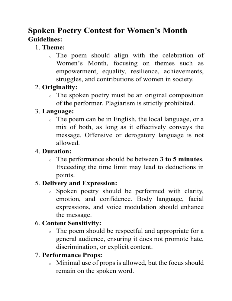 Spoken Poetry Contest Guidelines: Women's Month