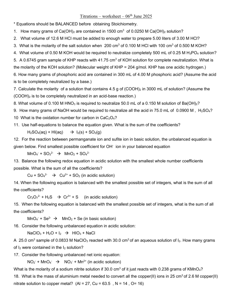 Titration Worksheet: Stoichiometry & Neutralization Problems
