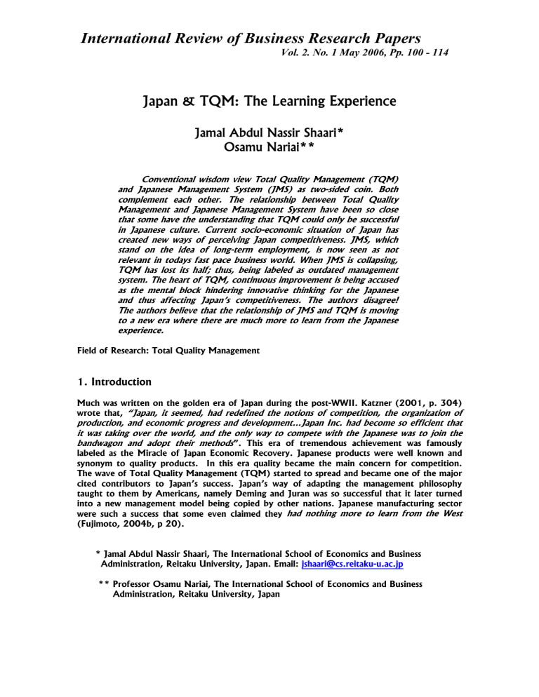 Japan & TQM: The Learning Experience - Research Paper