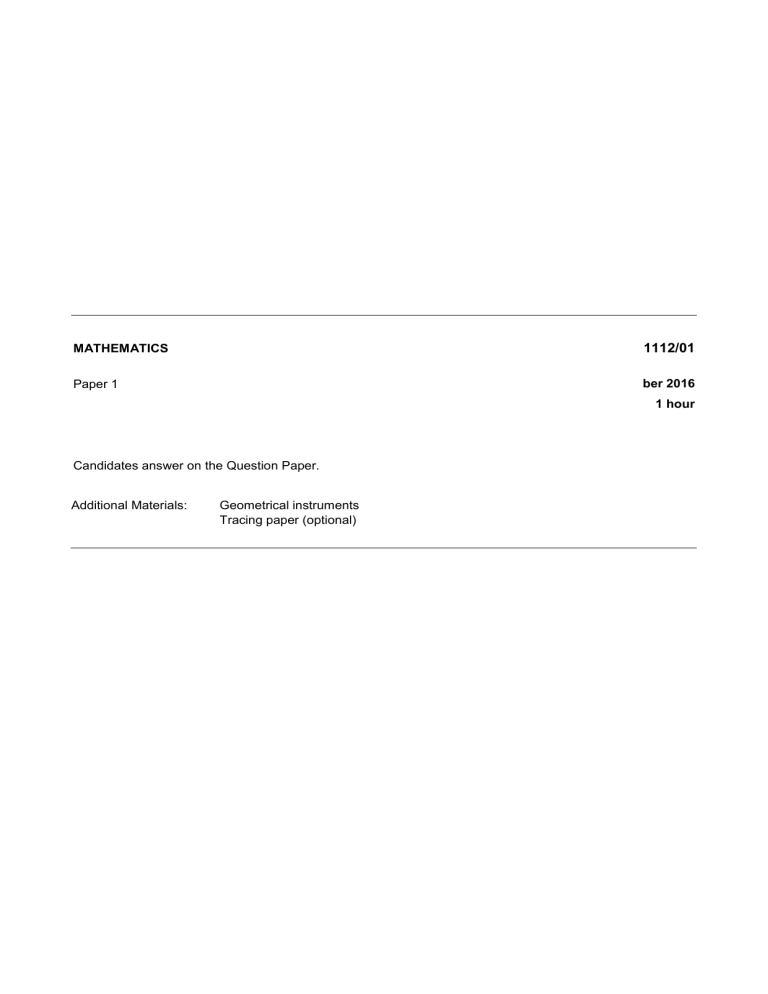 Cambridge Checkpoint Math Paper 1, Oct 2016
