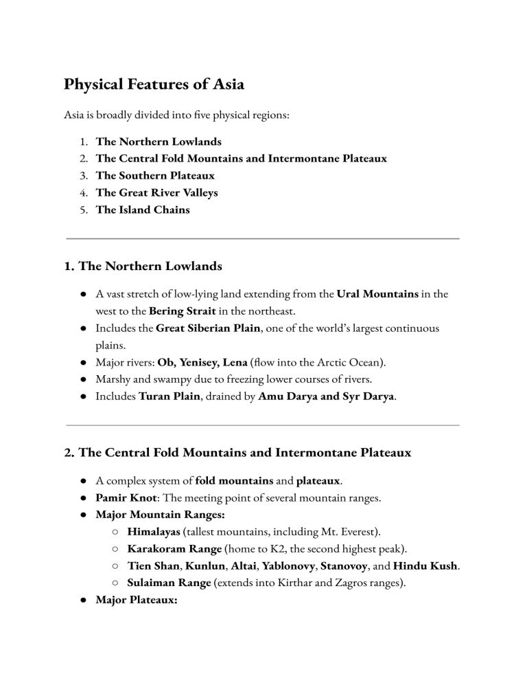 Physical Features of Asia: Geography Outline