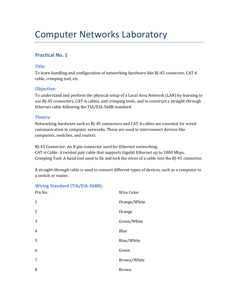 Computer Networks Lab: Hardware, Commands, Simulation