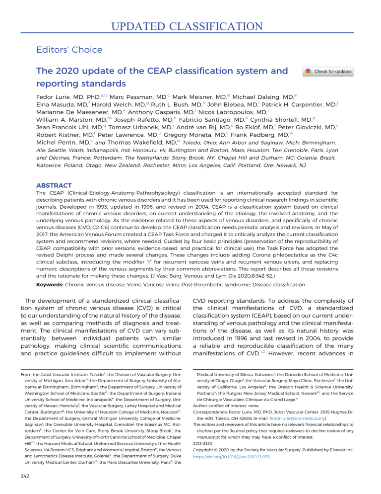 CEAP Classification Update 2020: Venous Disorders Standard
