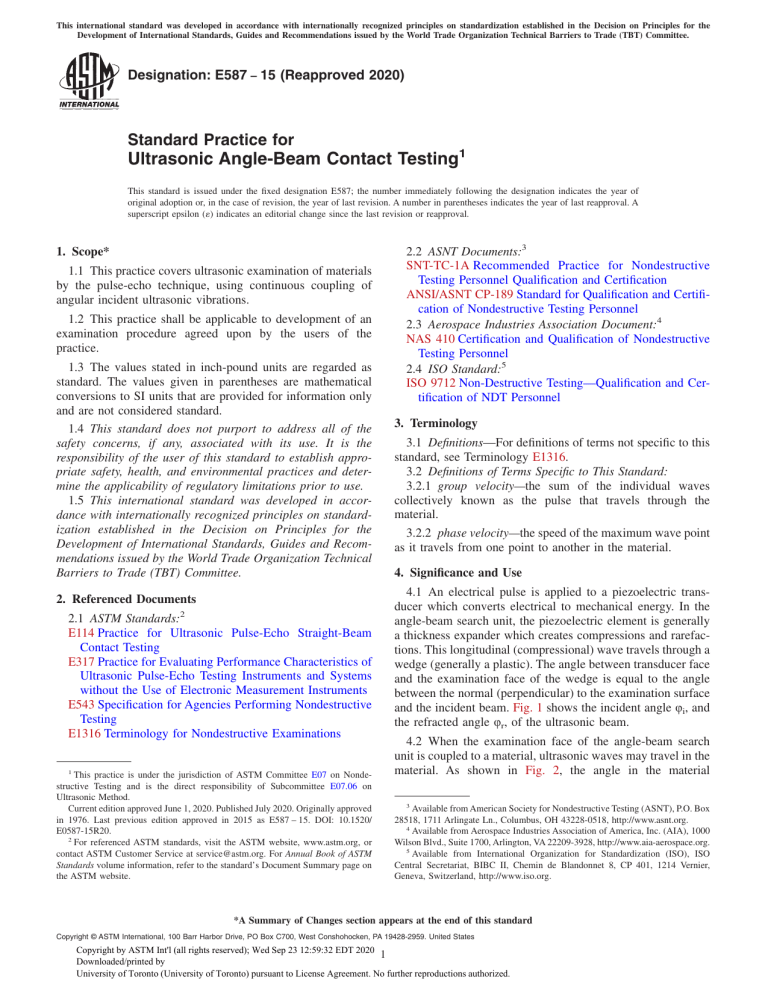Ultrasonic Angle-Beam Contact Testing Standard Practice