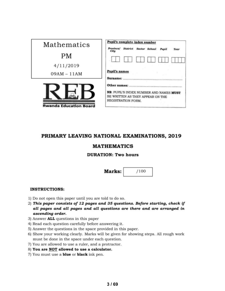 Mathematics Exam Paper - Primary Leaving National Exams 2019