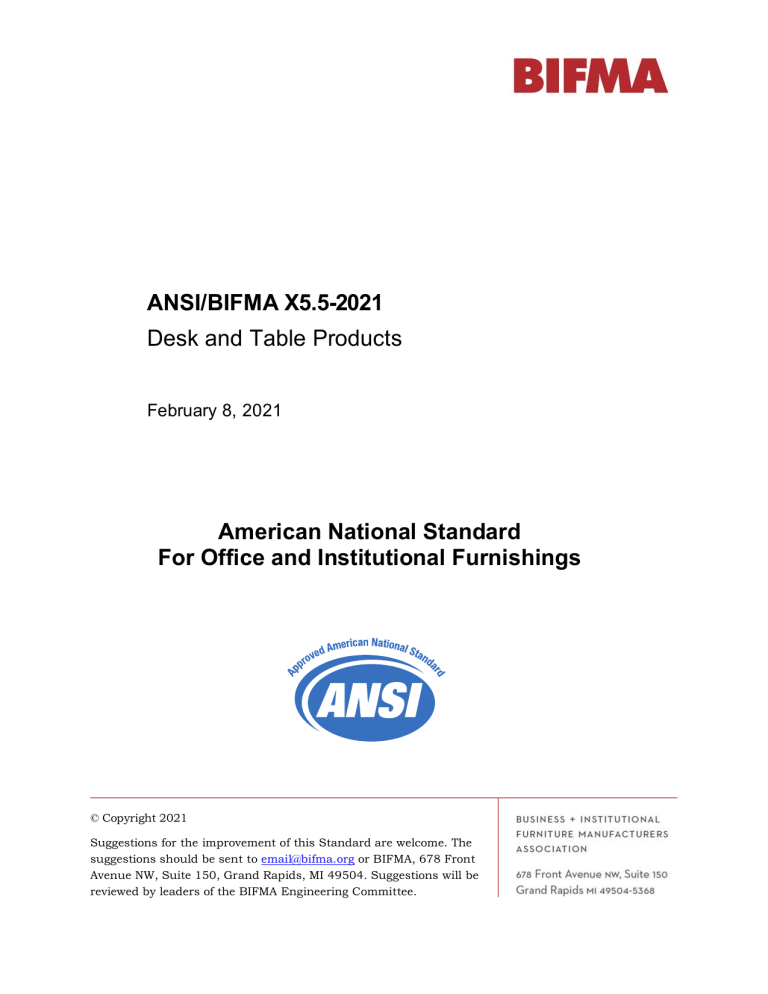 ANSI/BIFMA X5.5-2021 Desk and Table Standard