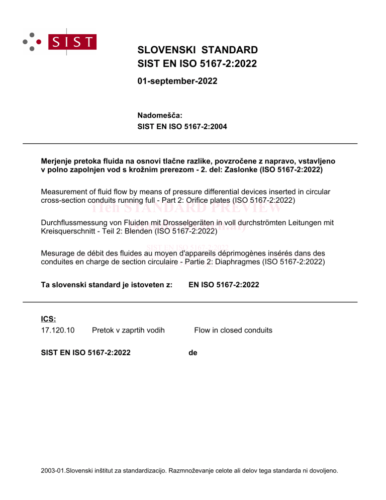 SIST EN ISO 5167-2:2022 - Fluid Flow Measurement Standard