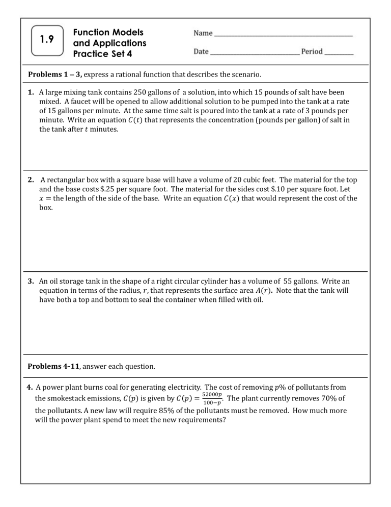 Function Models & Applications Worksheet