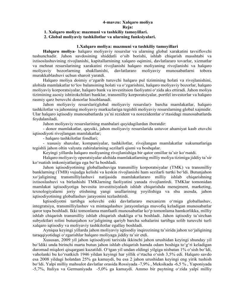 Xalqaro Moliya: Tamoyillar va Global Tashkilotlar