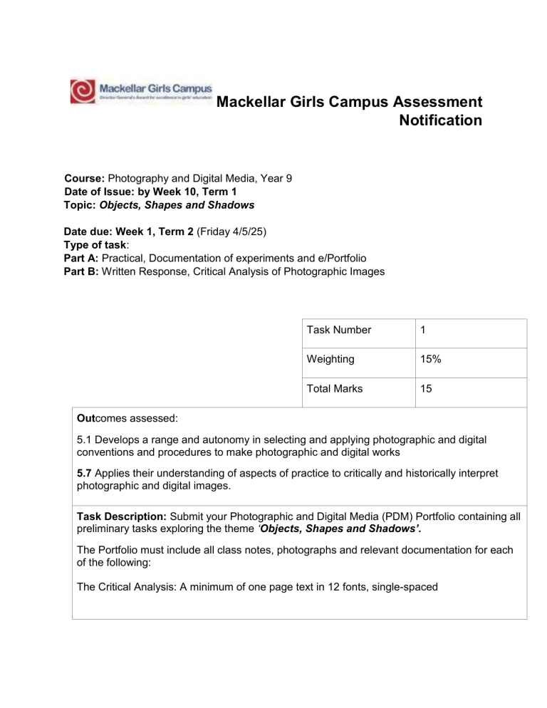 Photography Assessment: Objects, Shapes, Shadows - Year 9