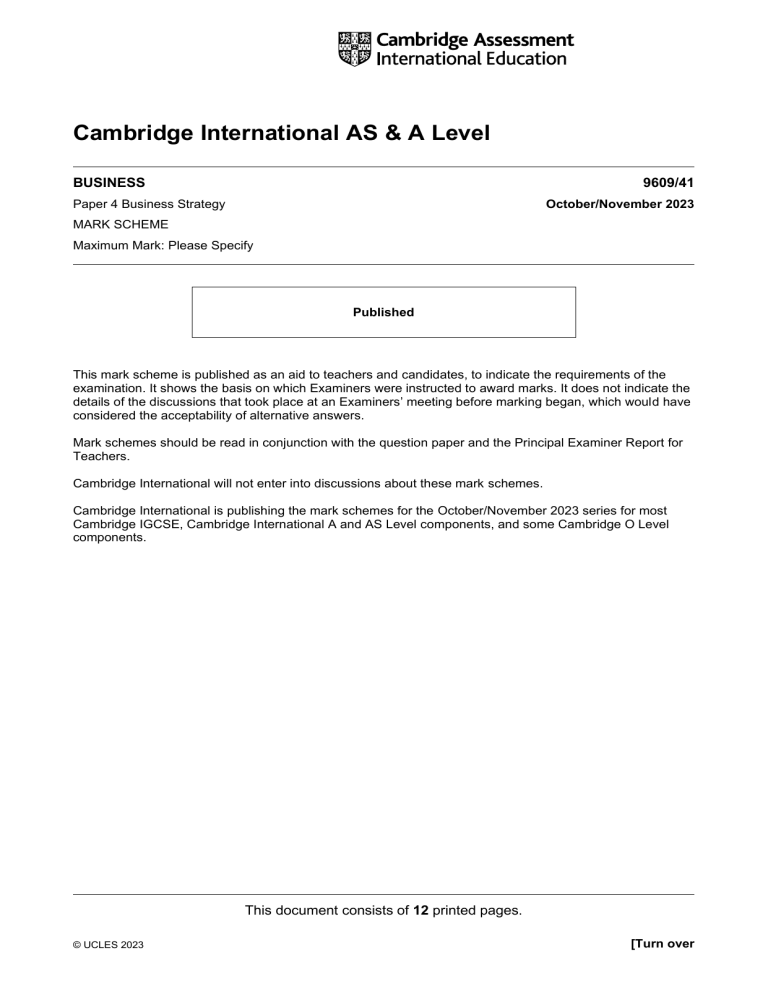 Cambridge A Level Business 9609/41 Mark Scheme Oct/Nov 2023