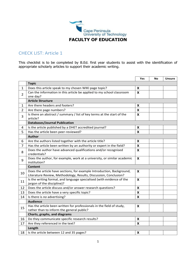 Scholarly Article Checklist for B.Ed. Students