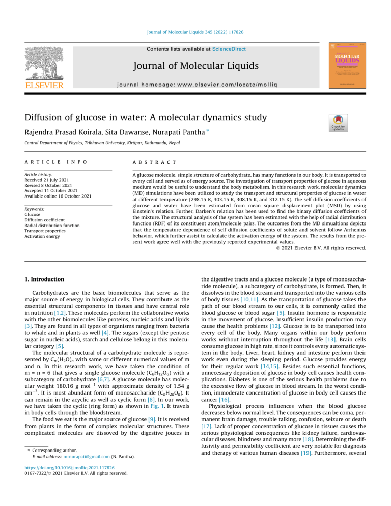 Glucose Diffusion in Water: Molecular Dynamics Study