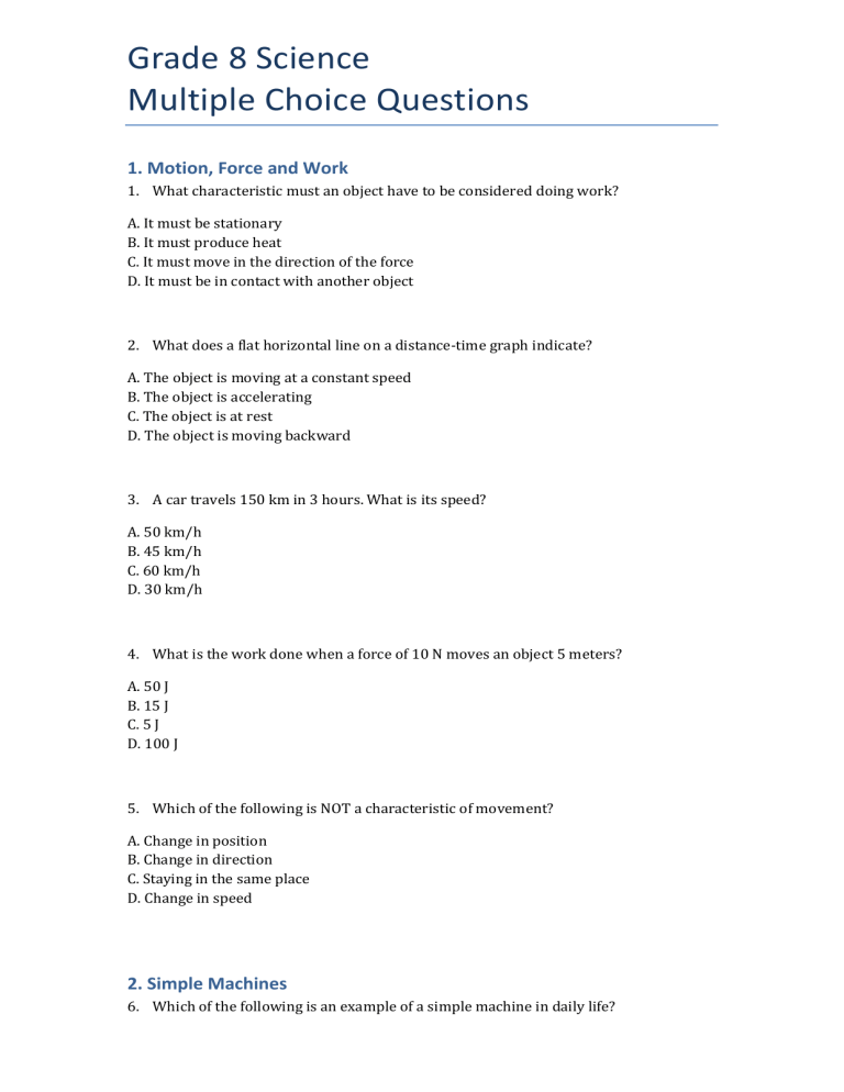 Grade 8 Science Test: Motion, Machines, Pressure, Magnetism