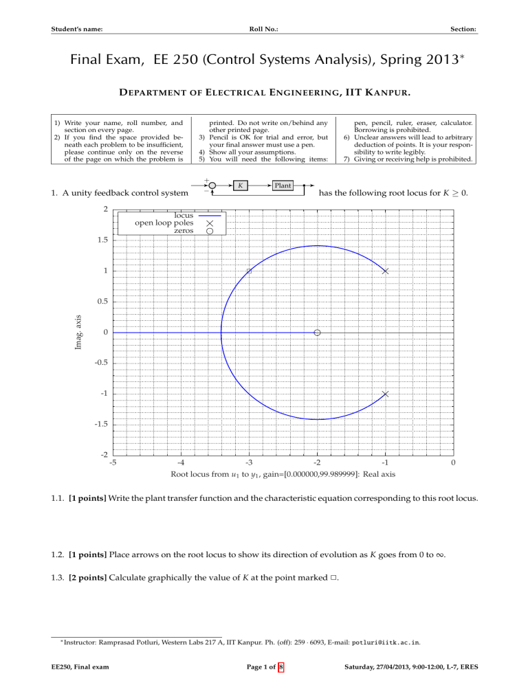 EE 250 Control Systems Analysis Final Exam