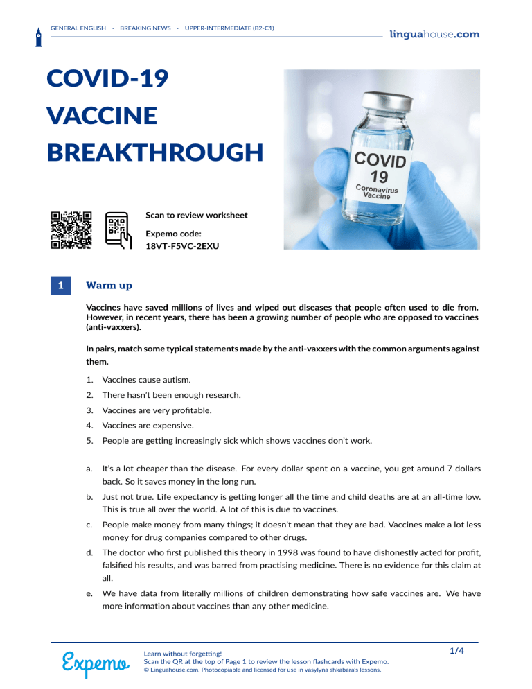 COVID-19 Vaccine Breakthrough: English Worksheet (B2-C1)