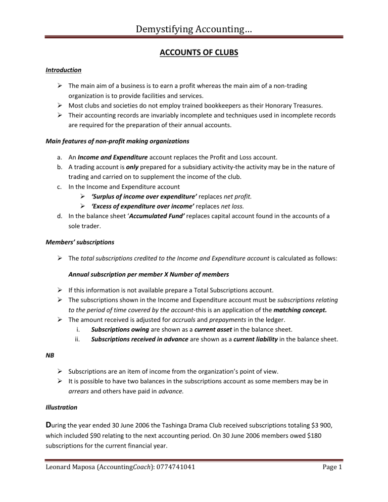 Club Accounting: Income & Expenditure, Subscriptions