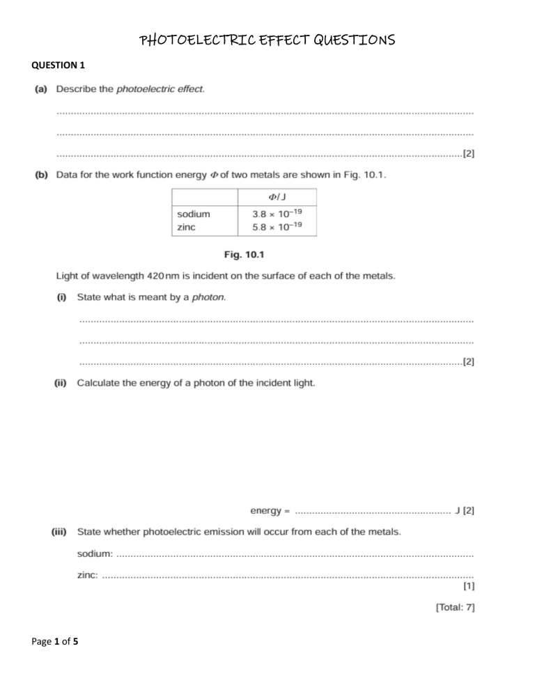 Photoelectric Effect Exam Questions