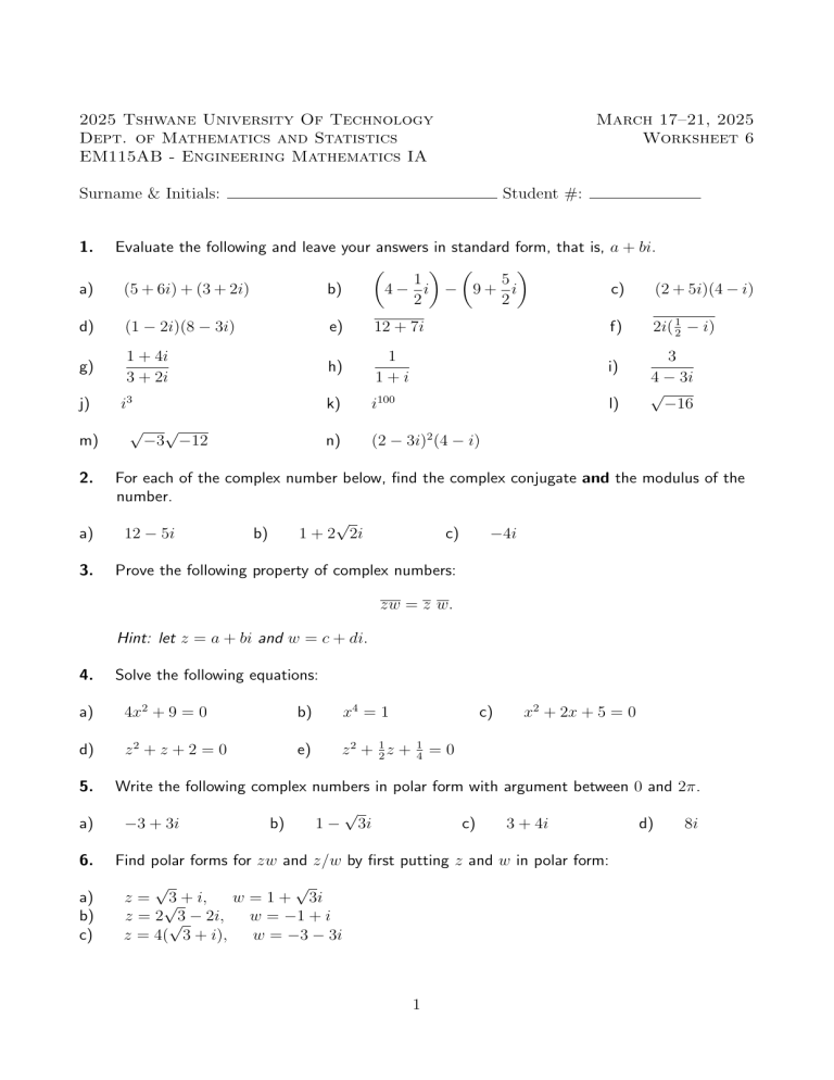 Engineering Math IA: Complex Numbers Worksheet
