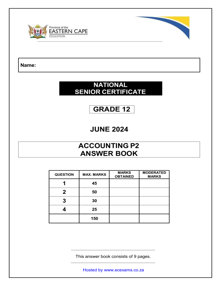 Grade 12 Accounting P2 Answer Book - June 2024