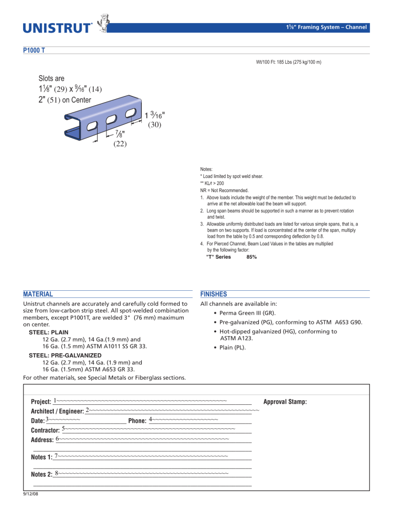 Unistrut P1000 T Framing Channel Specs & Details