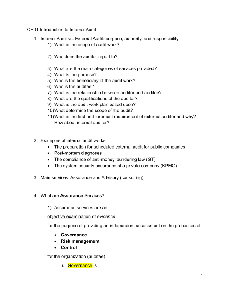 Internal Audit: Purpose, Authority, and Services