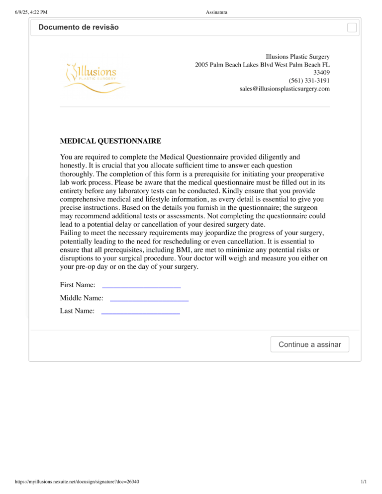 Illusions Plastic Surgery Medical Questionnaire