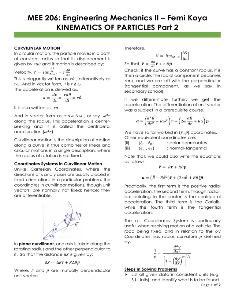 Curvilinear Motion: Engineering Mechanics II Lecture Notes