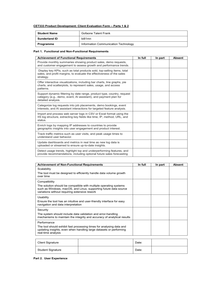 Client Evaluation Form - Product Development